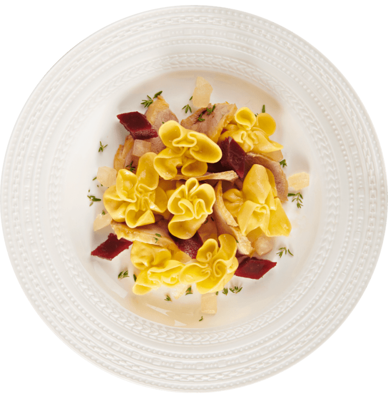 Fiocchetti with Gorgonzola cheese in butter and thyme with pear ...
